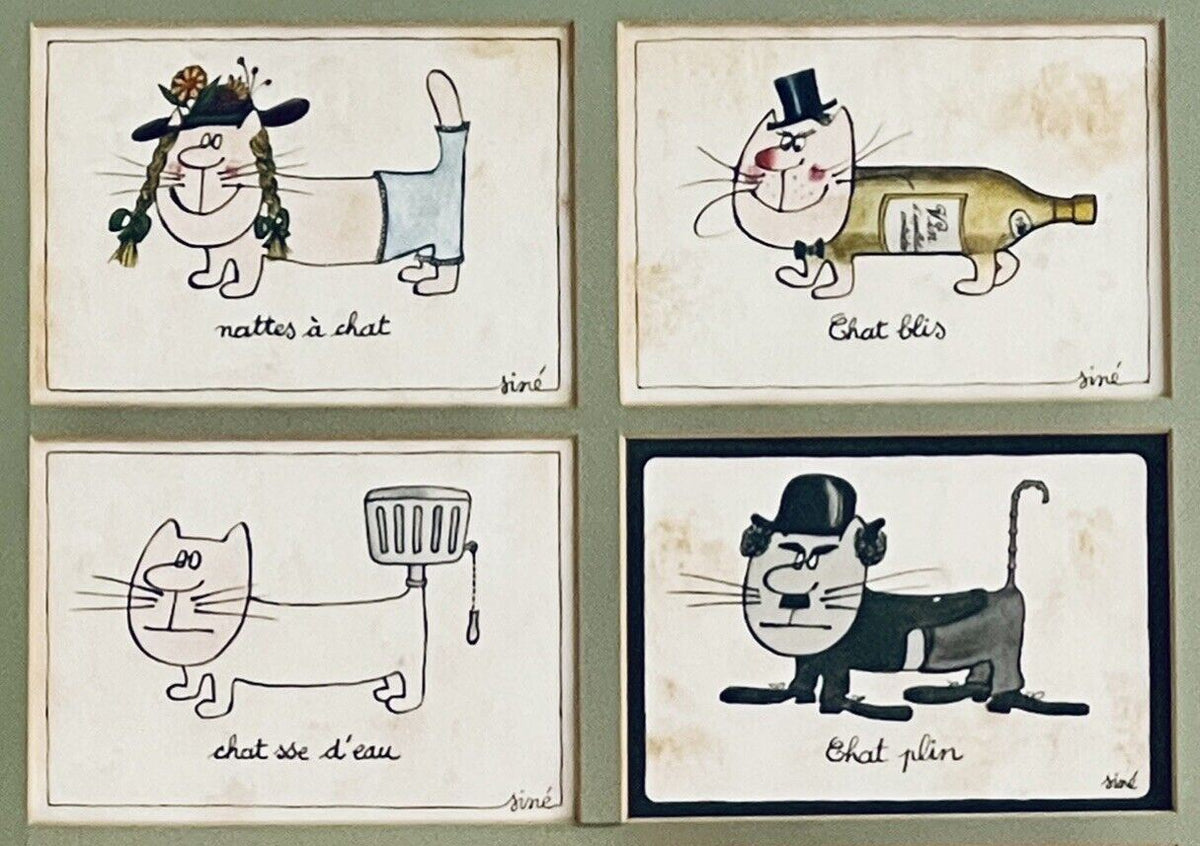 Framed Siné French Cat Postcards 60s 70s Visual Puns Cartoonist Mauric ...